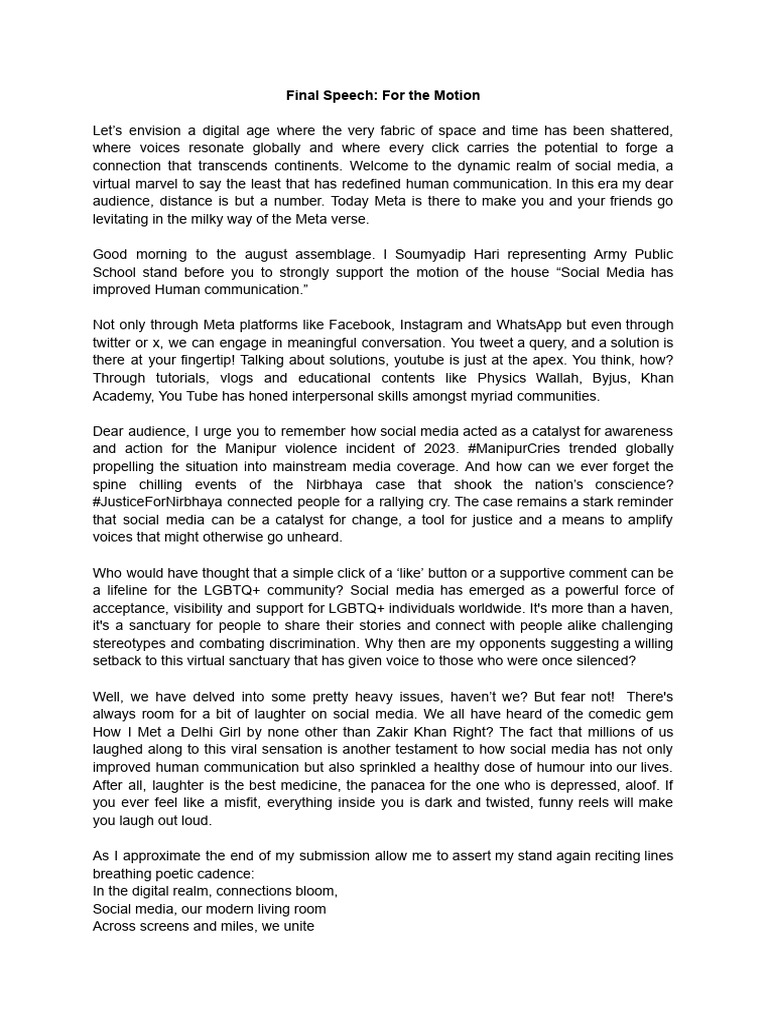 Final Speech - For The Motion | PDF | Social Media | Popular Culture ...