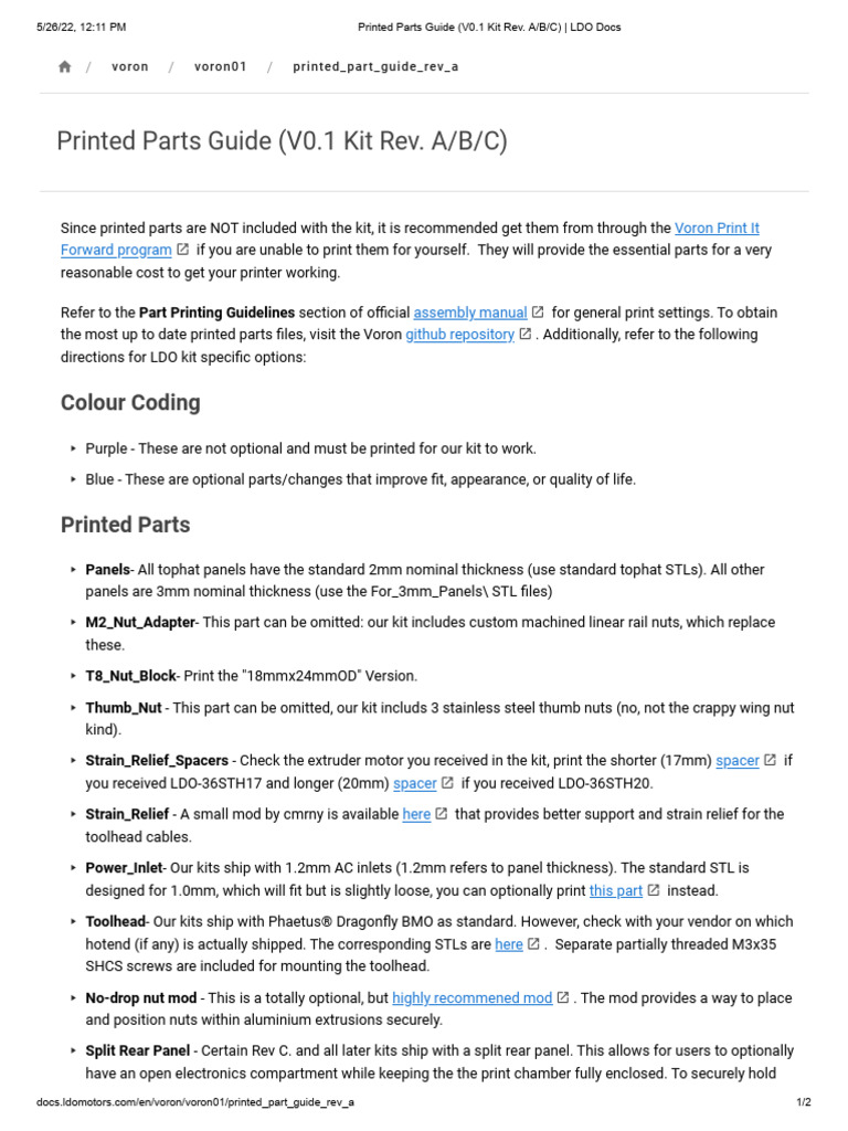 Printed Parts Guide (V0.1 Kit Rev. A - B - C) - LDO Docs | PDF