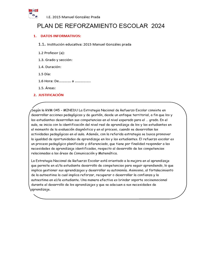 Plan De Refuerzo Escolar Aa Pdf Evaluación Aprendizaje