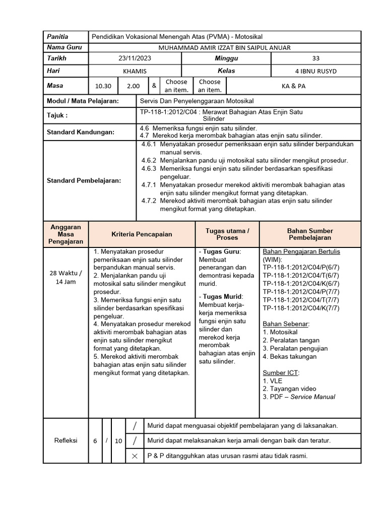 M33-C04-6,7 Memeriksa Fungsi Enjin Dan Merekod KHAMIS | PDF