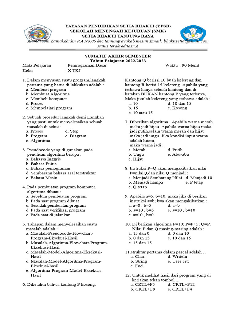 Soal UAS Pemrograman Dasar SMT 2 | PDF | Komputer