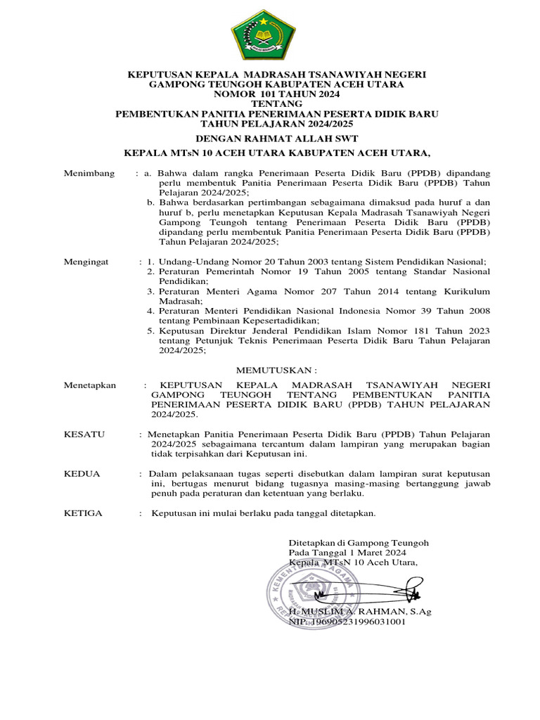 SK PPDB TP 24-25 MTSN 10 ACUT Terbaru | PDF