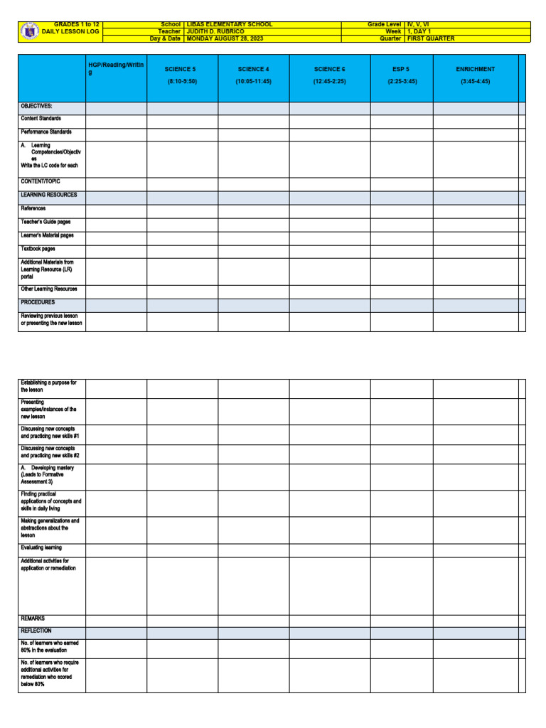 Daily Lesson Log Template | PDF