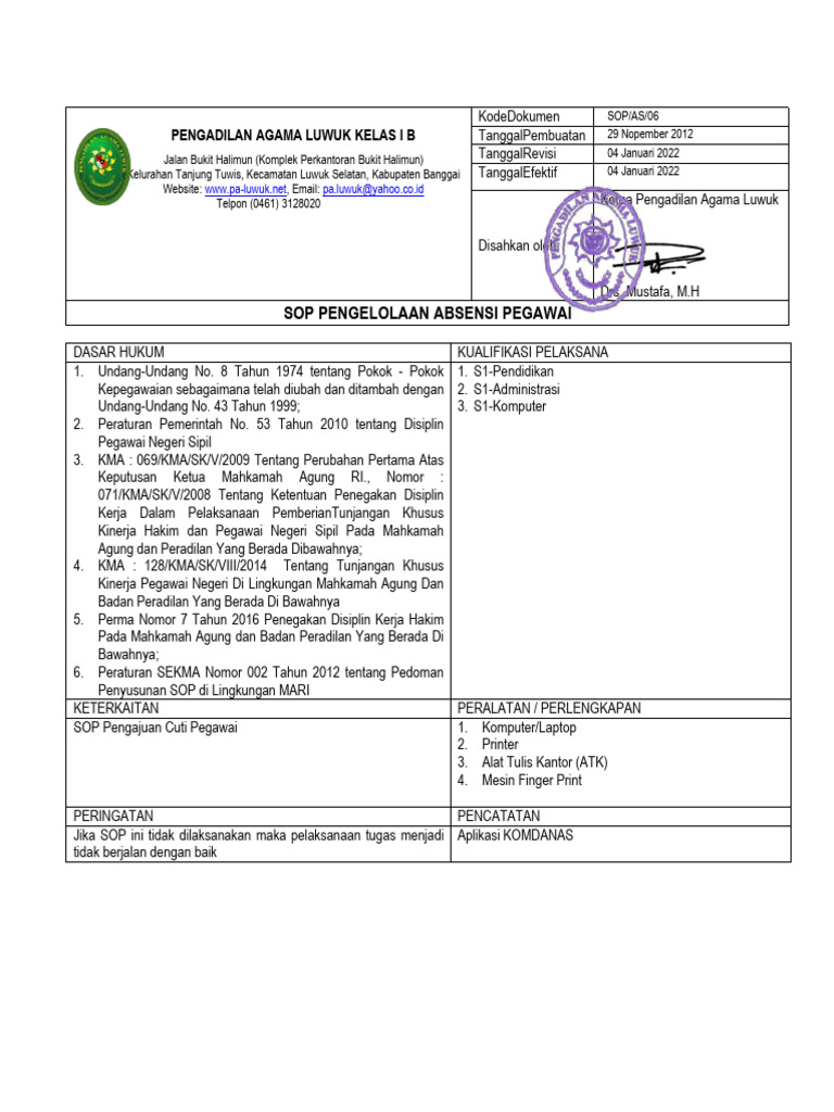 06 Sop Pengelolaan Absensi Pegawai | PDF