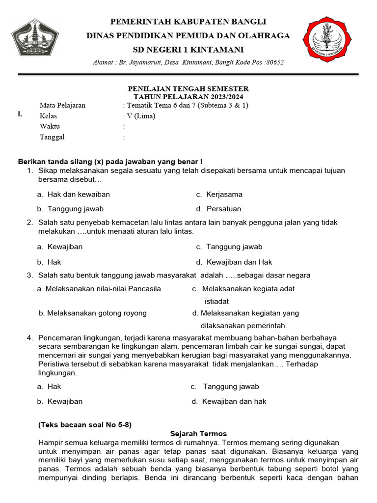 Soal PTS Kelas 5 Tema 6 Sub 3 Dan Tema 7 Sub 1 | PDF