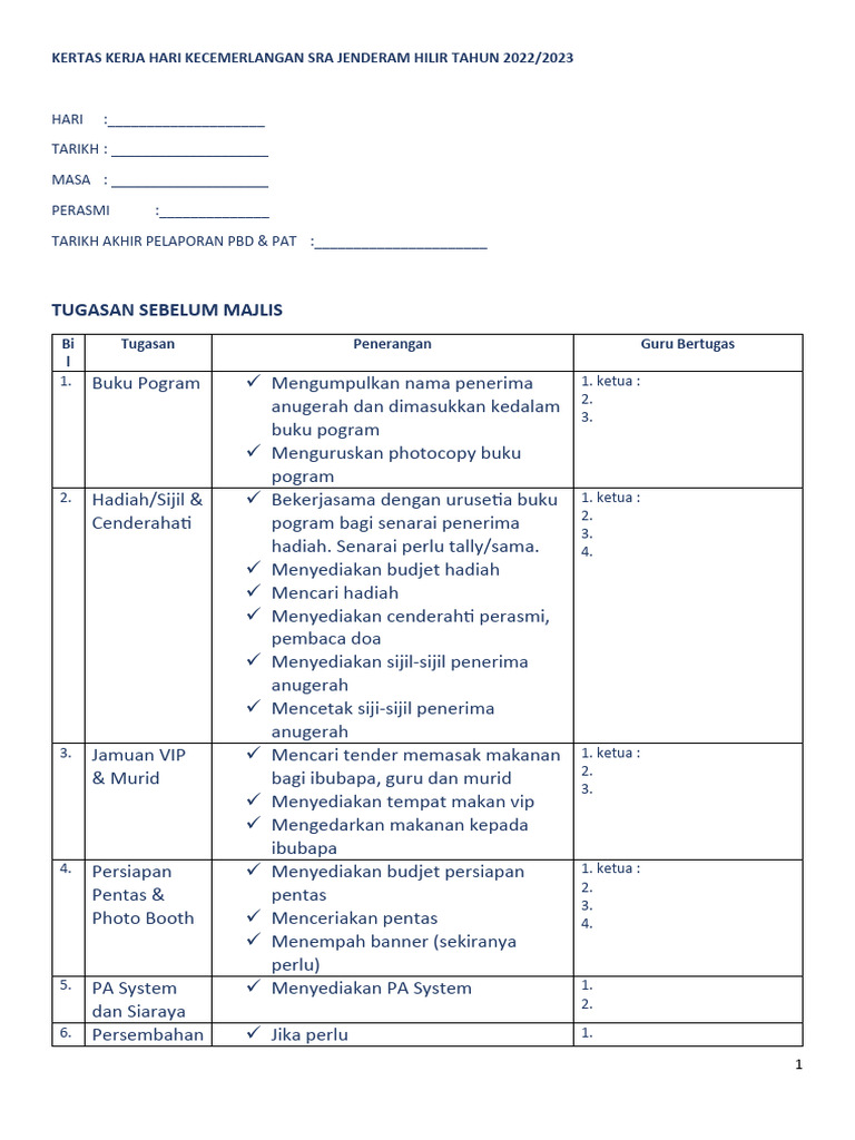 Draf Kertas Kerja Hari Kecemerlangan Sra Jenderam Hilir Tahun 2022 | PDF