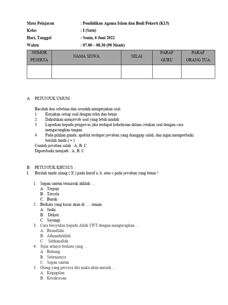 SOAL PAT PAI Kelas 1 | PDF | Karier & Perkembangan