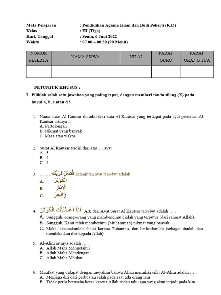 SOAL PAT PAI Kelas 3 | PDF