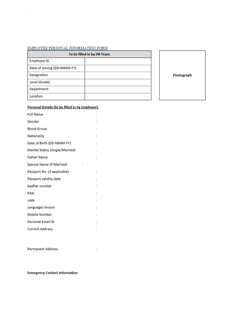 Employee Personal Information Form | PDF