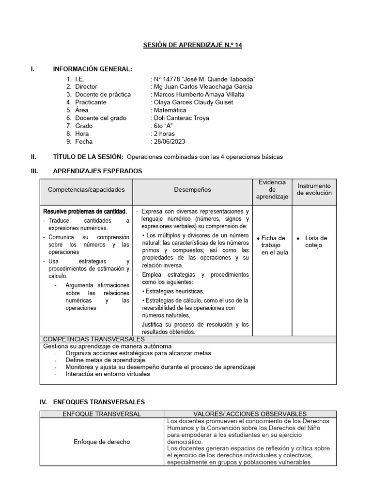 SESIÓN DE APRENDIZAJE #14 Matematica | PDF | Aprendizaje | Cognición