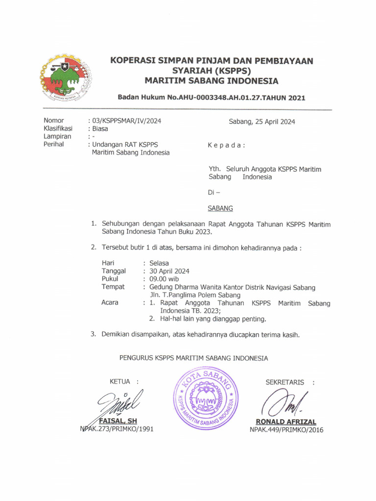 Undangan Rat KSPPS Maritim | PDF