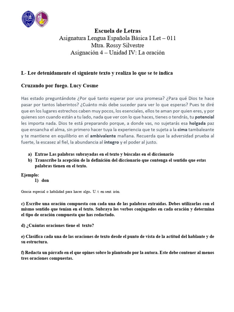 Asignación 4 Unidad IV Let-011 R. Silvestre 24-I | PDF | Oración | Oración (Lingüística)