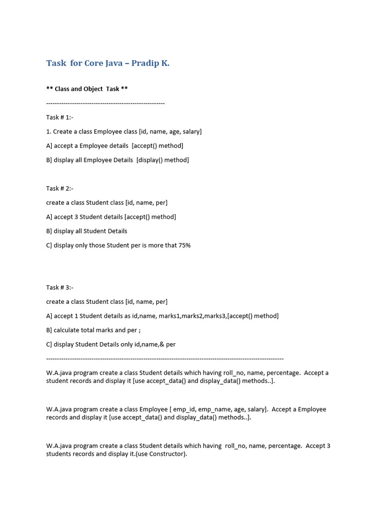 Task For Core Java - Pradip K | Download Free PDF | Method (Computer Programming) | Inheritance ...