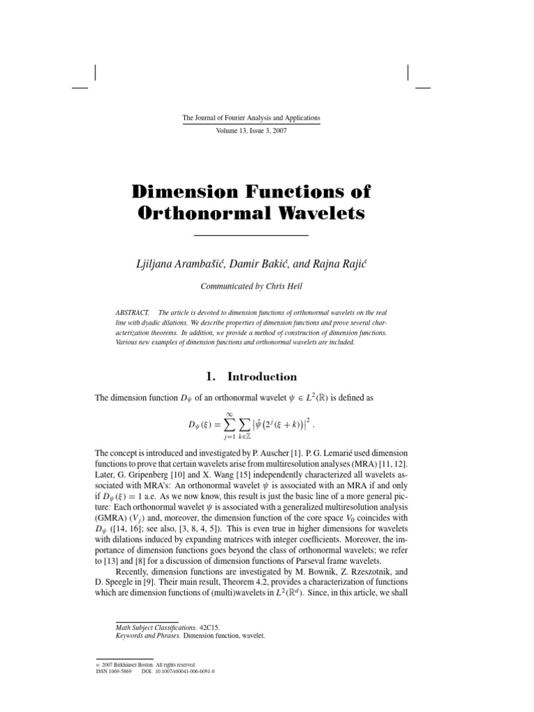 Dimension Functions of Orthonormal Wavelets | PDF | Wavelet | Function (Mathematics)