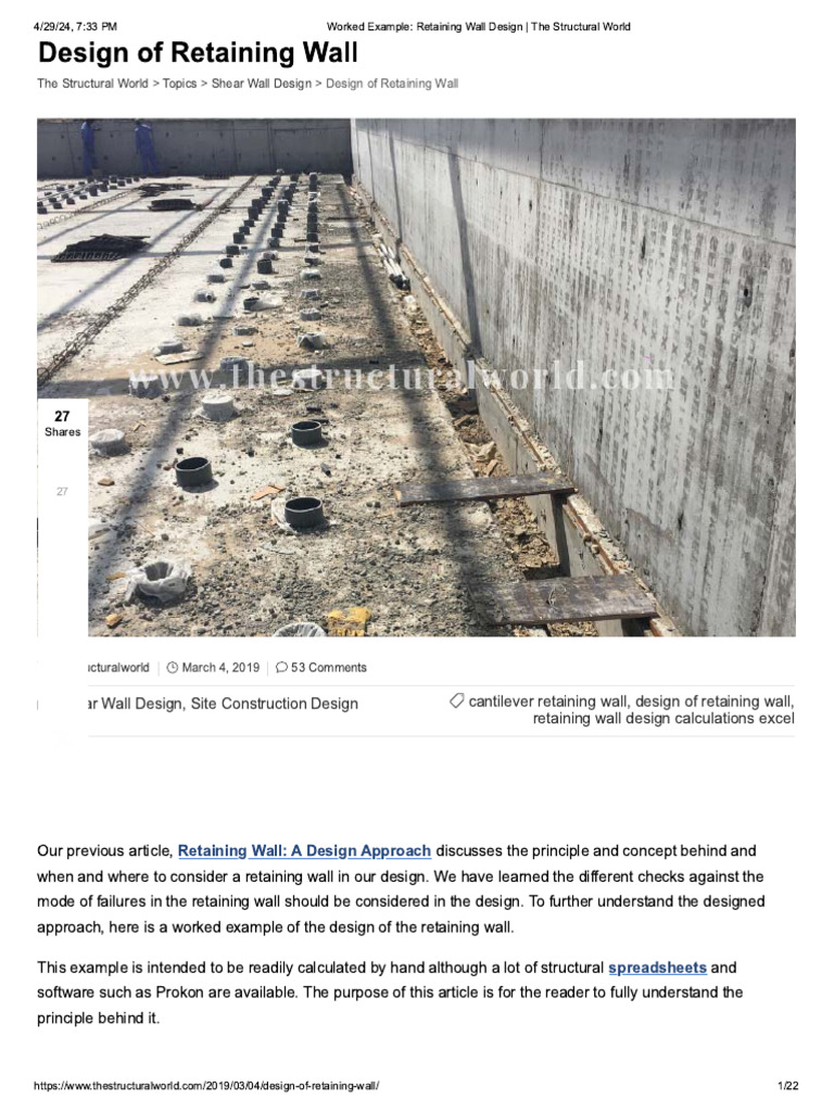 Worked Example - Retaining Wall Design - The Structural World | PDF