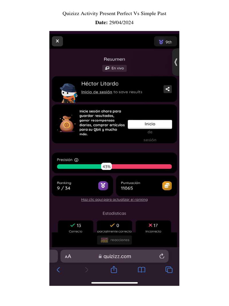 Quizizz Activity Present Perfect Vs Simple Past | PDF