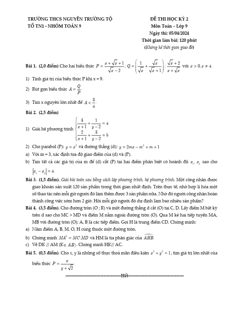De Thi Hoc Ky 2 Toan 9 Nam 2023 2024 Truong Thcs Nguyen Truong To Ha ...