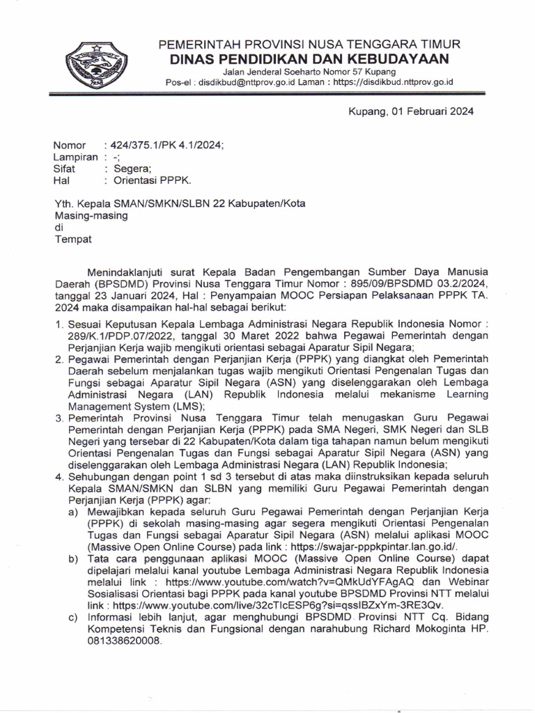 01 Februari Surat Orientasi PPPK (MOOC LAN) | PDF