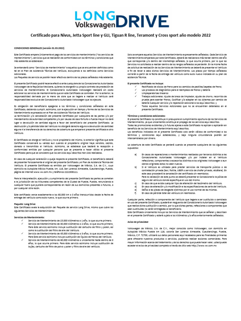 Certificado Long Drive Volkswagen | PDF