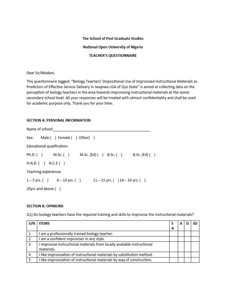 Atanda-Teacher Questionnaire | PDF | Learning