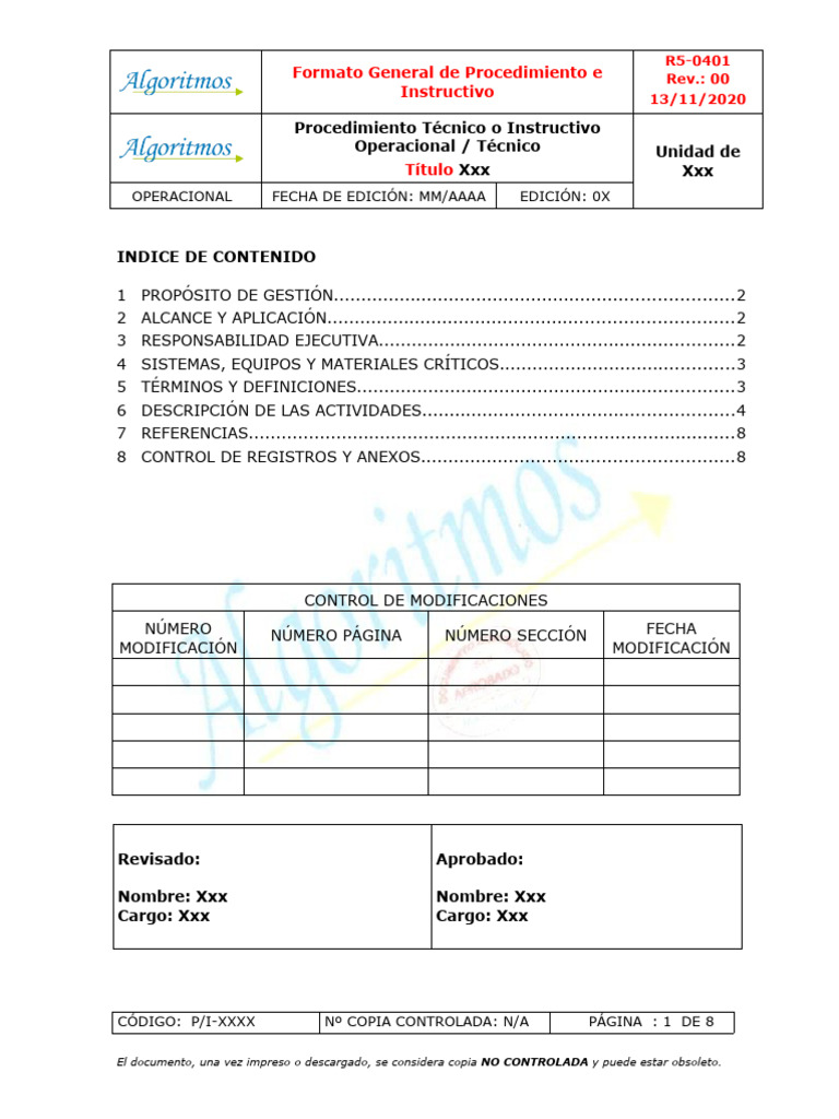 R5-0401 Formato General Procedimientos e Instructivos Muestreo Olfatometria Algoritmos SpA | PDF