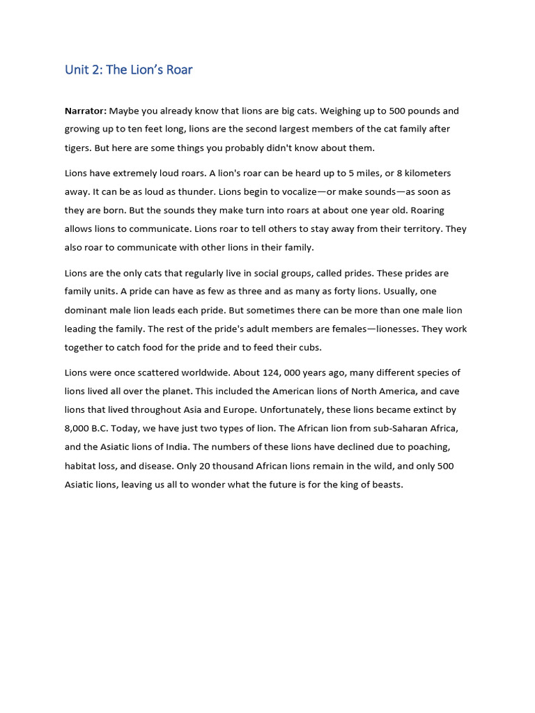 Unit 2 - The Lions Roar | PDF
