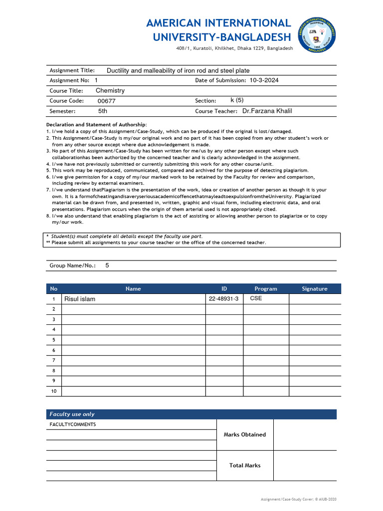 AIUB Assignment Cover Template | PDF | Plagiarism