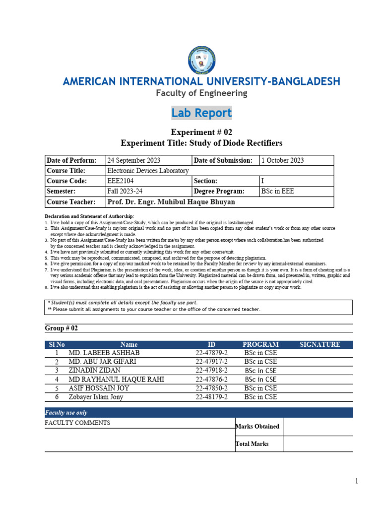Experiment 2 | PDF | Rectifier | Electrical Components
