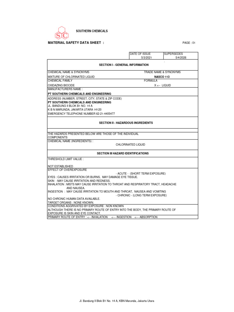MSDS Naocl 113 | PDF | Chemistry | Materials