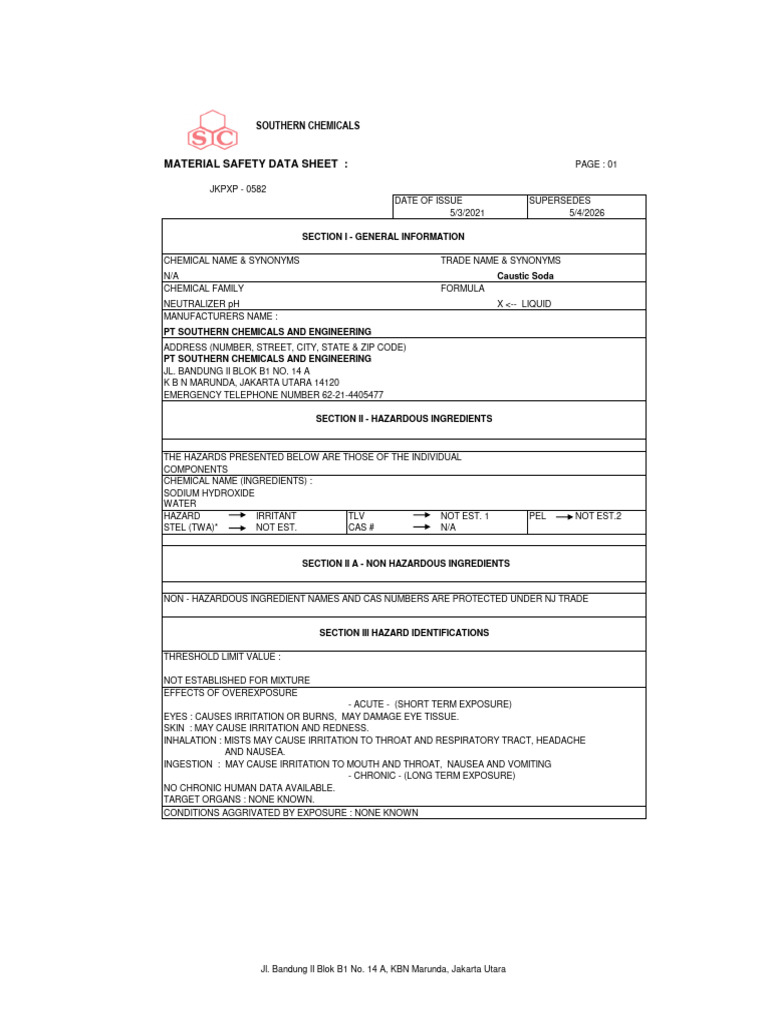 2 & 7.MSDS Caustic Soda 823 | PDF | Sodium Hydroxide | Chemistry