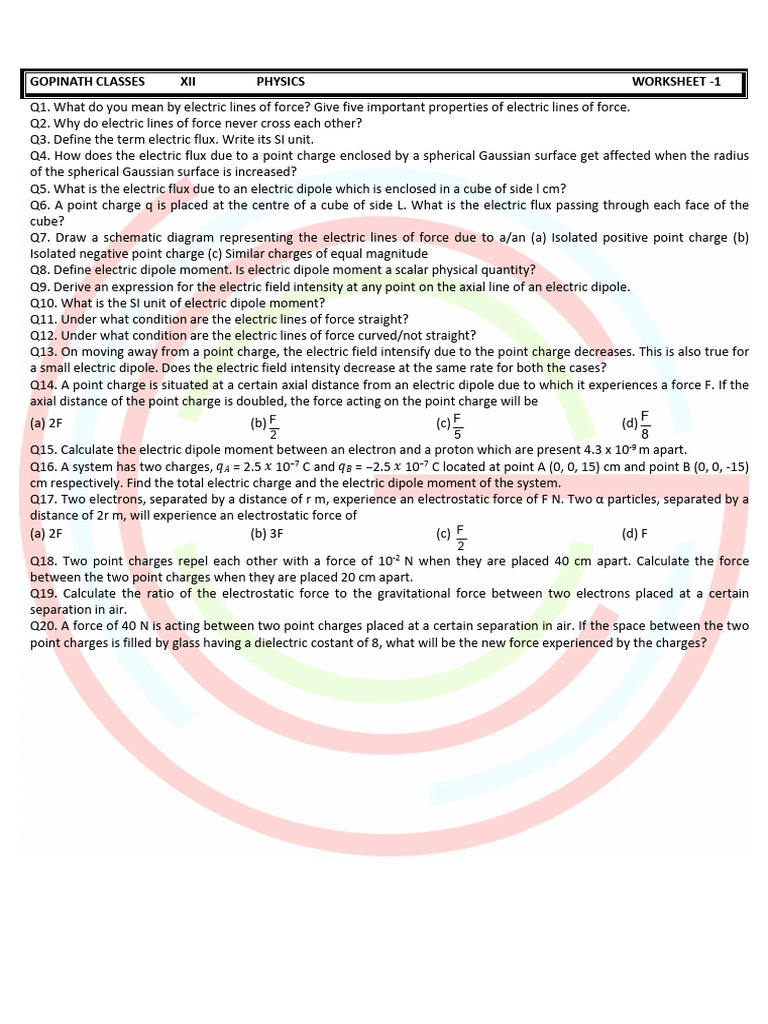 Xii Phy Workheet 1 | PDF | Force | Electron