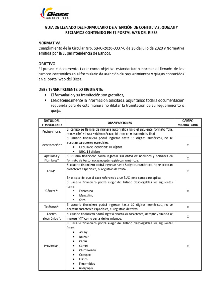 Guía de Llenado del Formulario BIESS | PDF | Ecuador