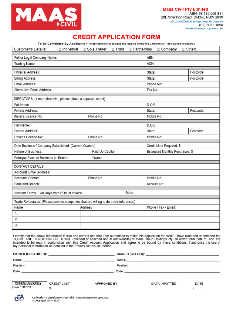 Maas Civil - Credit Application Form | PDF | Liquidation | Payments