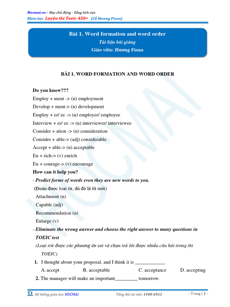 Bai 1. Word Formation and Word Order TLBG | PDF