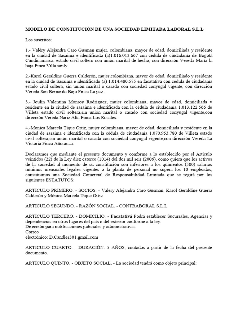 Modelo de Constitución de Una Sociedad Minuta Sociedad Limitada Laboral | Descargar gratis PDF ...