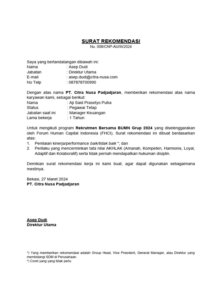 Template Surat Rekomendasi | PDF