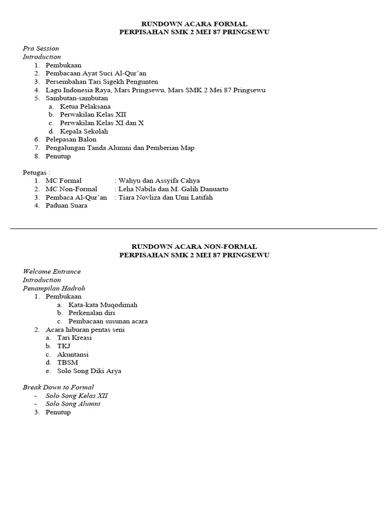 RUNDOWN ACARA FORMAL Perpisahan | PDF