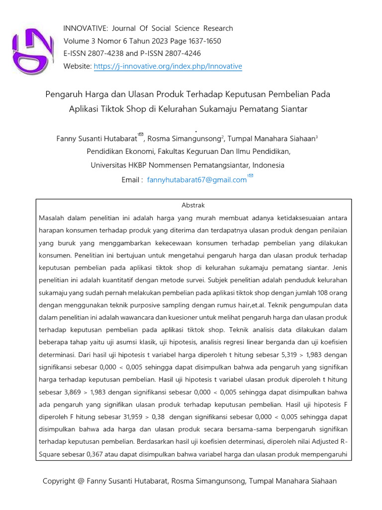 Pengaruh Harga Dan Ulasan Produk Terhadap Keputusan Pembelian Pada Aplikasi Tiktok Shop | PDF ...