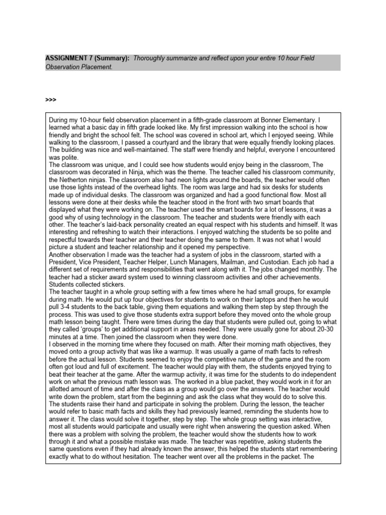 Assignment 7 Summary 2 Pdf Classroom Teachers