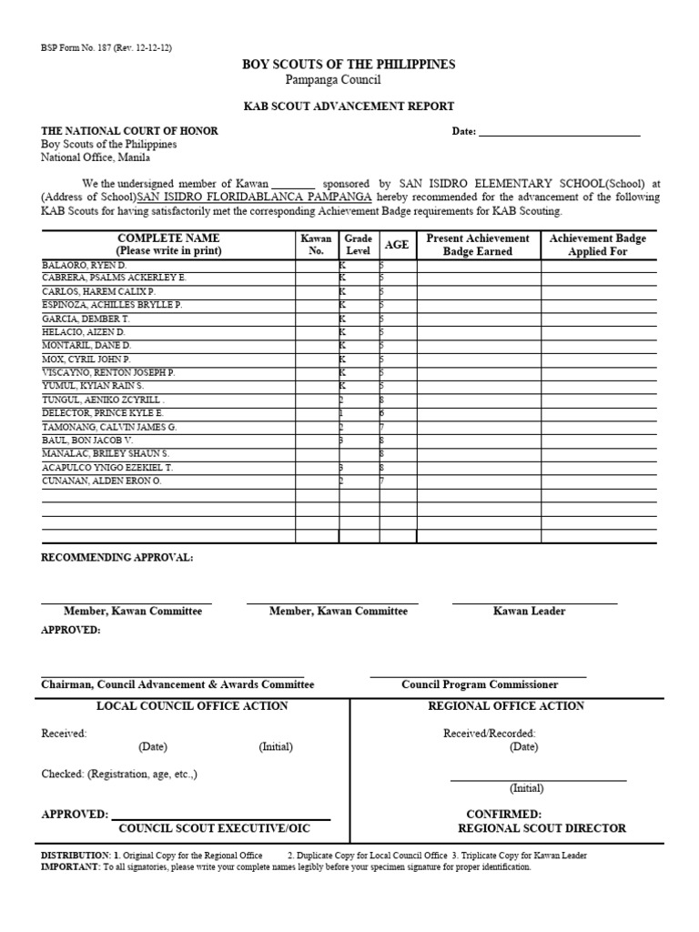 BSP Form 187: Kab Scout Advancement Report | PDF | Outdoor Recreation ...
