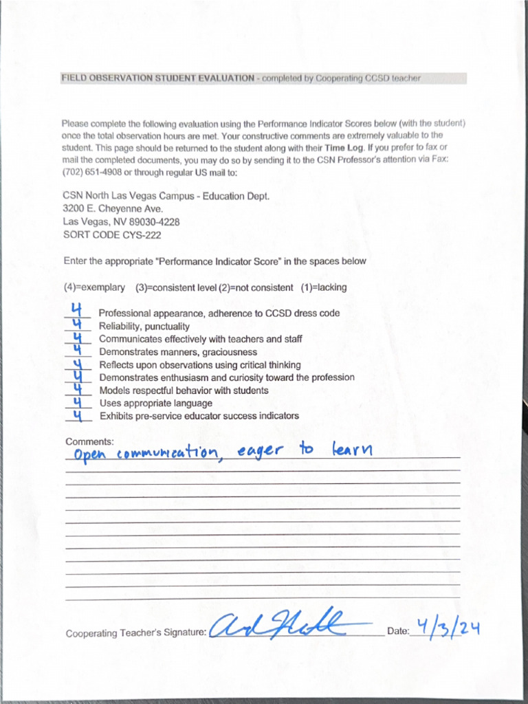 Field Observation Student Evaluation | PDF