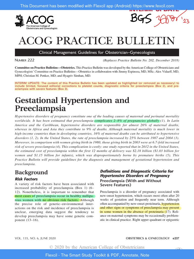 Gestational Hypertension and Preeclampsia ACOG Practice Bulletin | PDF ...