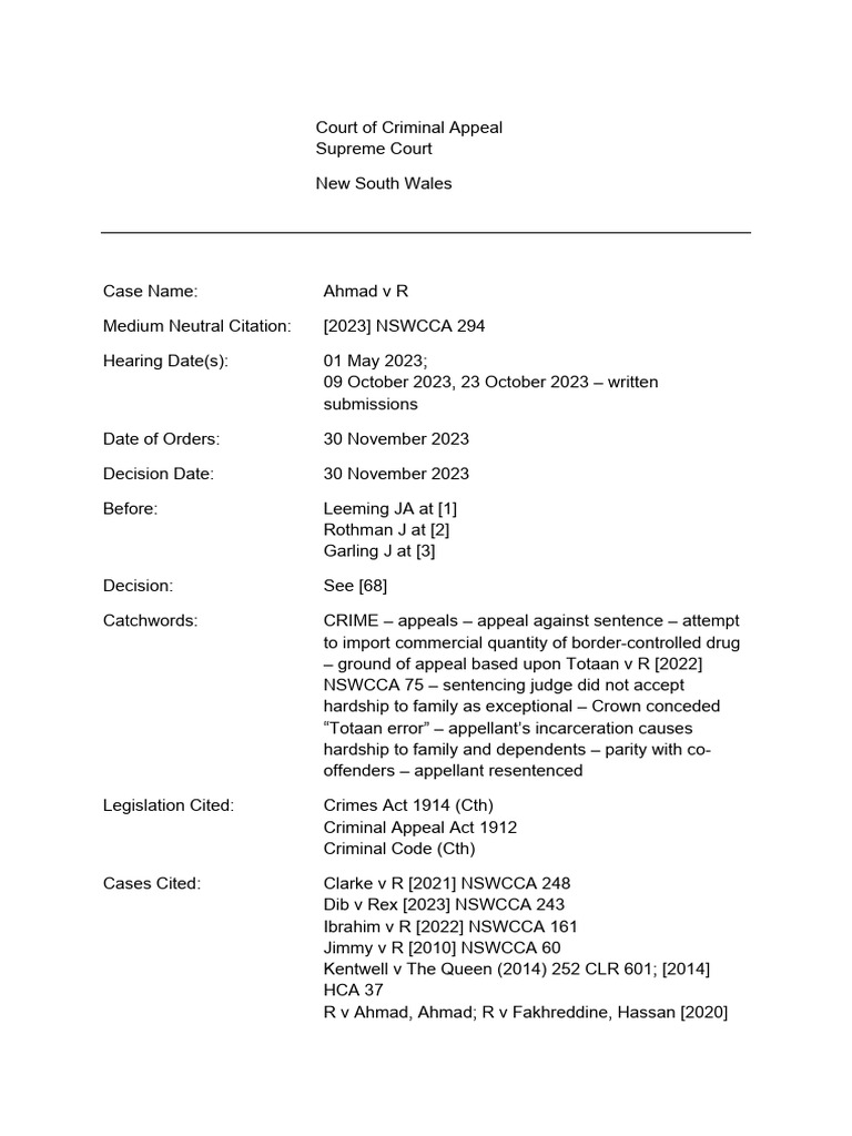 Ahmad v R: NSWCCA Resentencing Decision | PDF | Sentence (Law) | Appeal