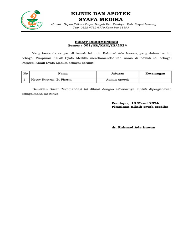 Surat Rekomendasi Hessy | PDF