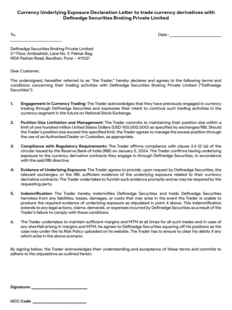 Declaration Letter | PDF | Indemnity | Derivative (Finance)