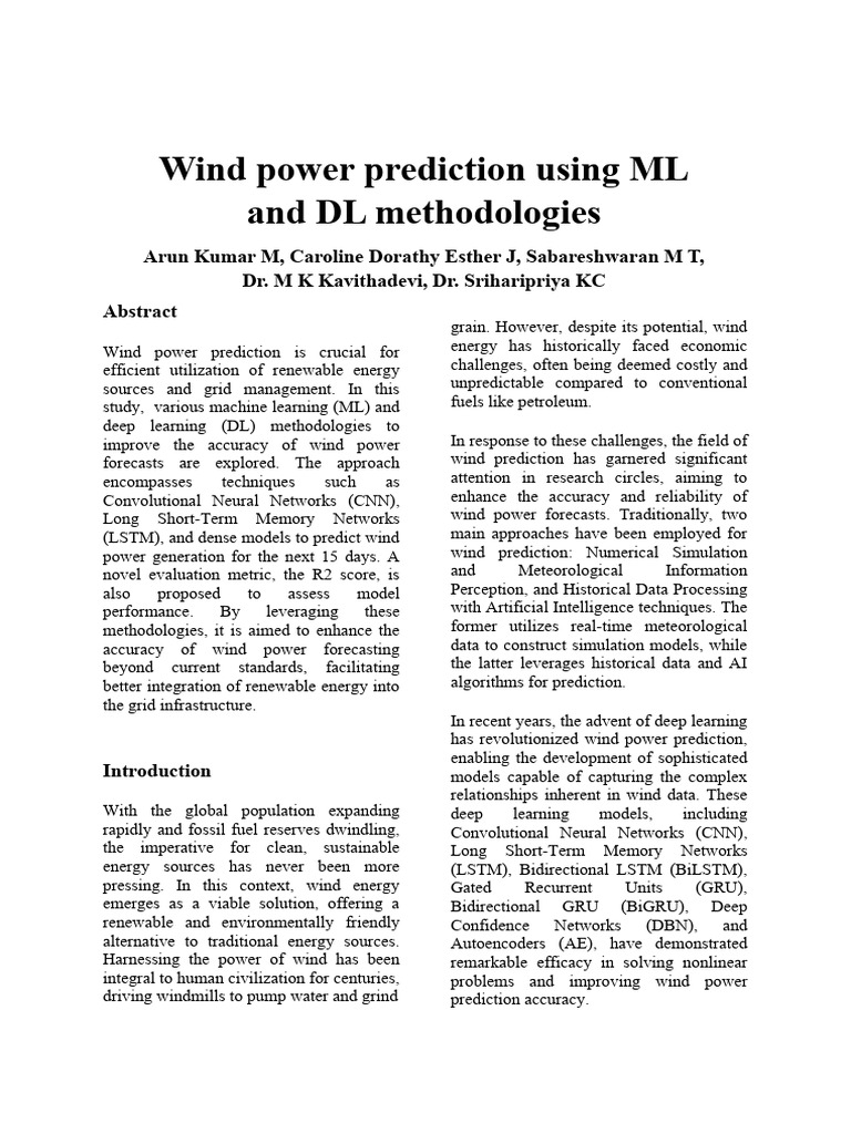 Wind Power Prediction Using Ml And Dl Methodologies Pdf Machine
