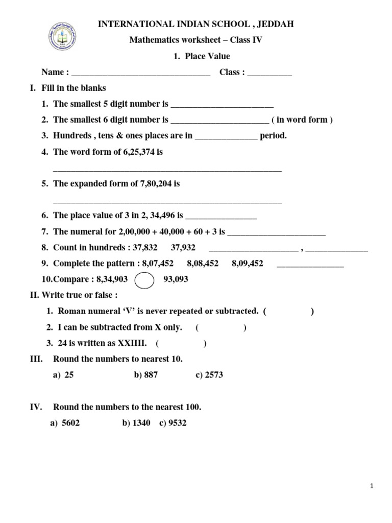 Class 4 Maths Worksheet on Place Value | PDF | Numbers | Mathematical ...