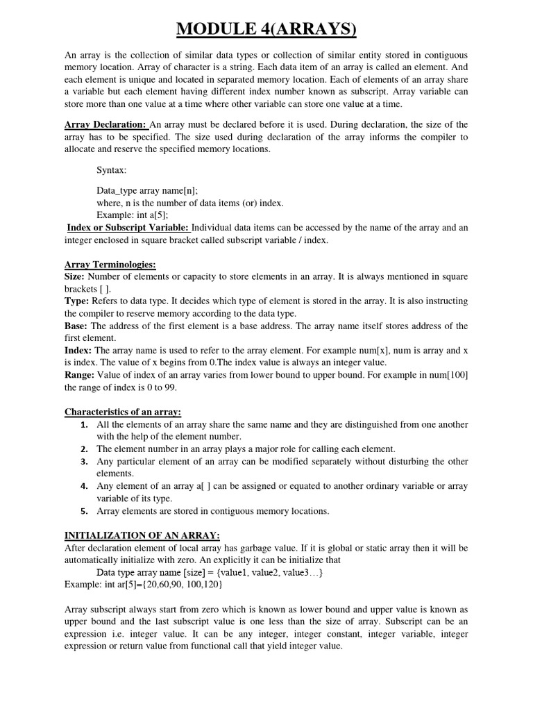 Module 4 Array | PDF | Data Type | Variable (Computer Science) Module 4 Array | PDF | Data Type | Variable (Computer Science)