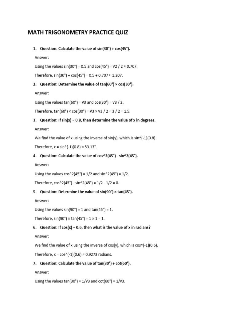 Math Trigonometry Practice Quiz | PDF