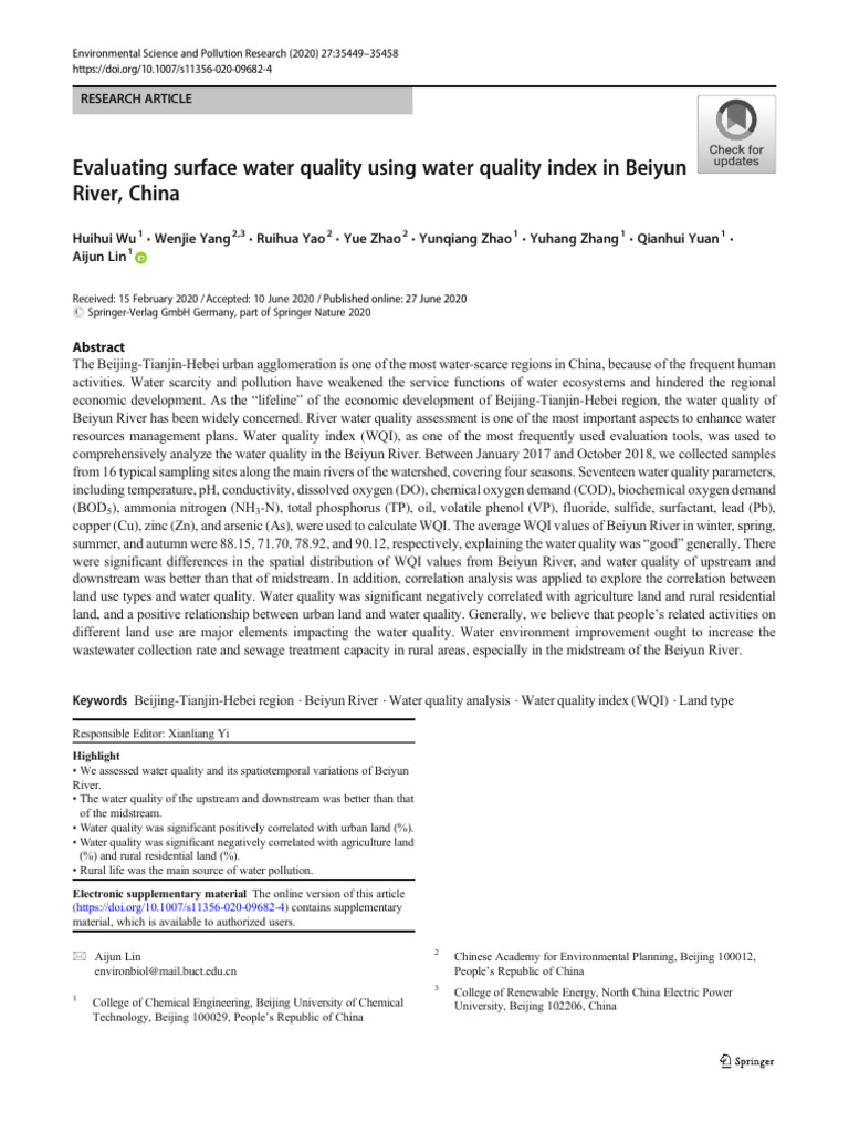 Evaluating Surface Water Quality Using Water Quality Index in Beiyun ...